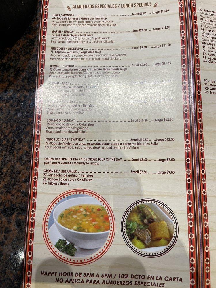 Menu at La Maria restaurant, New York City