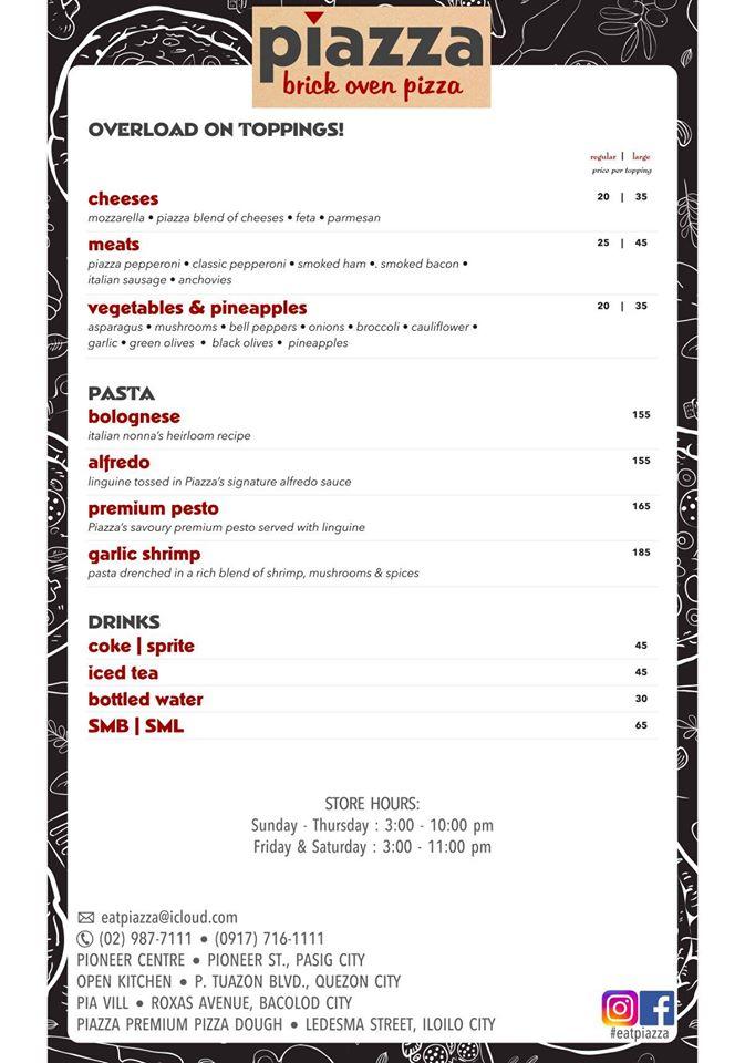 Menu at Piazza restaurant, Pasig
