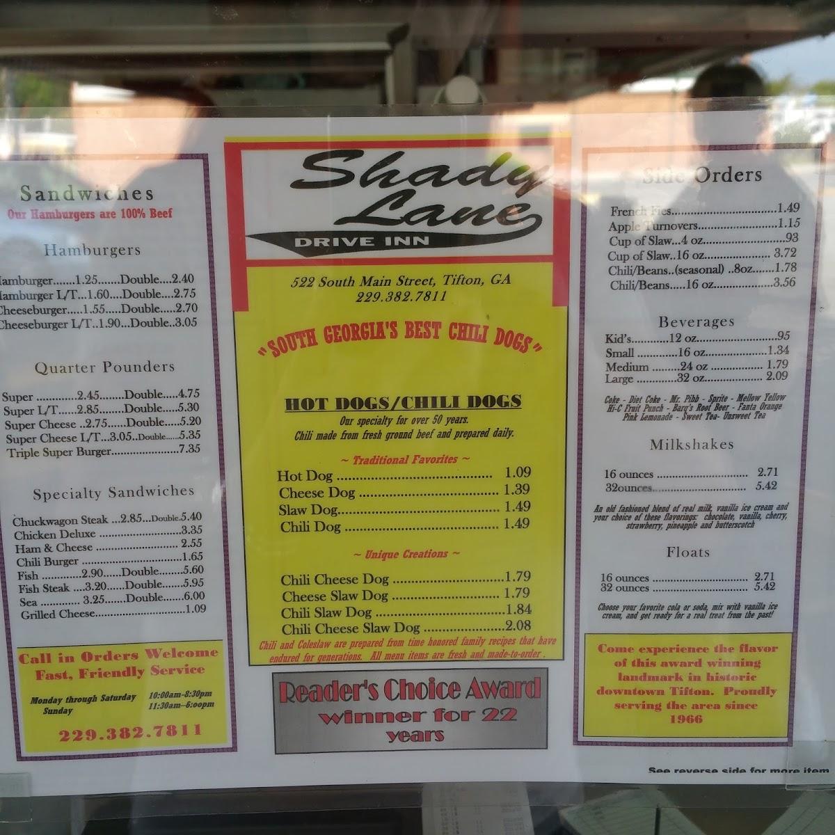 Menu at Shady Lane Drive Inn restaurant, Tifton