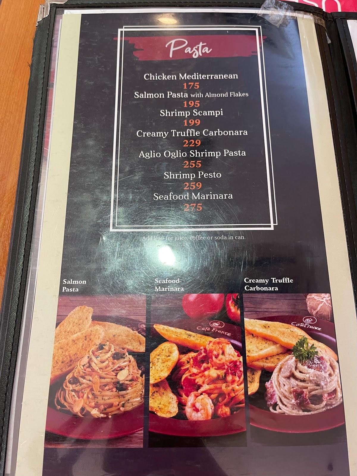 Menu at Cafe France, Manila, JX2G+57Q