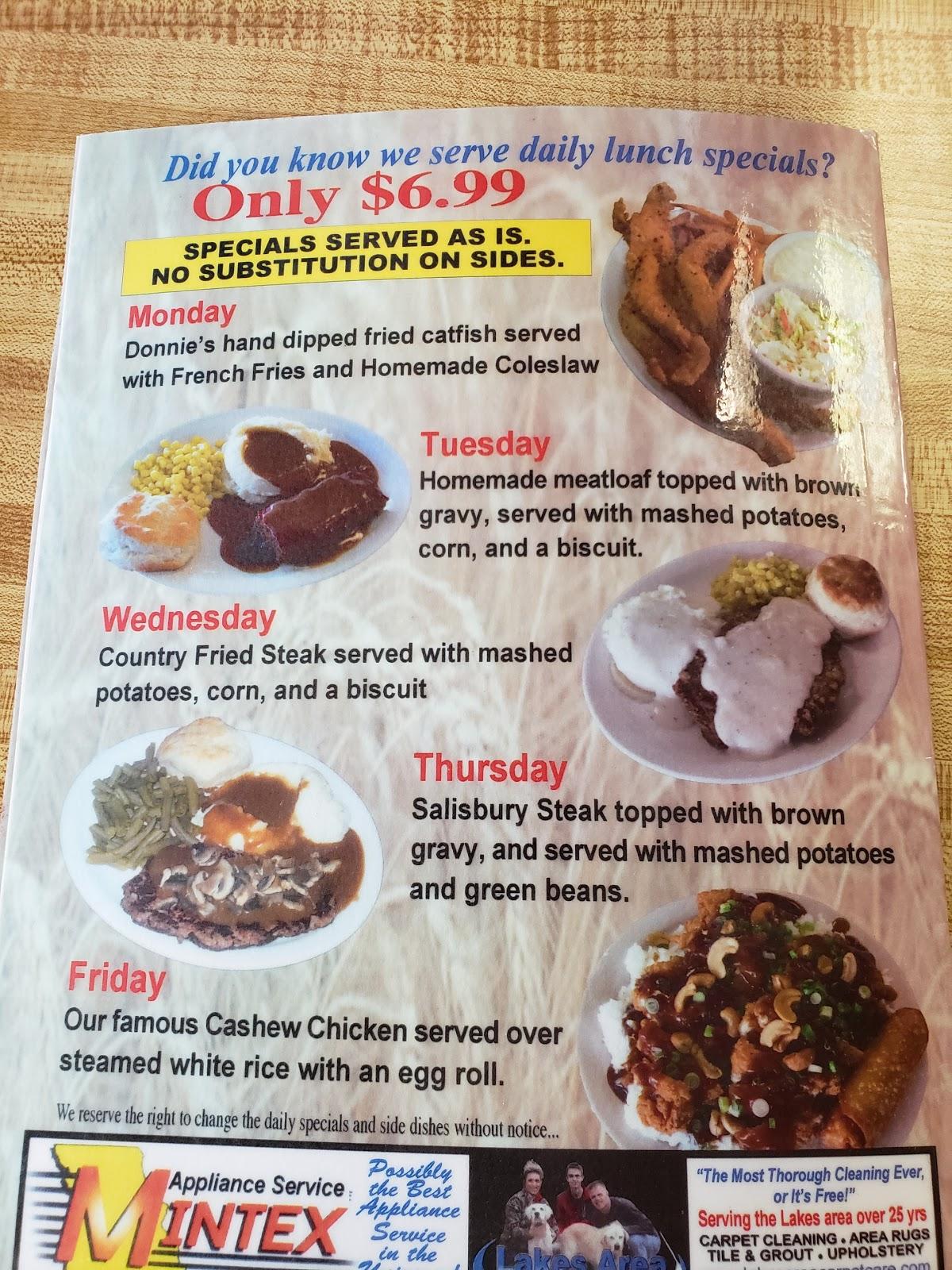 Menu at Donnie's Diner cafe, Branson West
