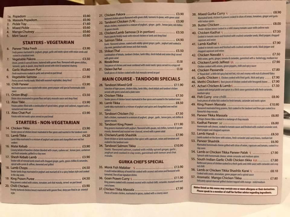 Menu at Gurkha 19 restaurant, Sleaford