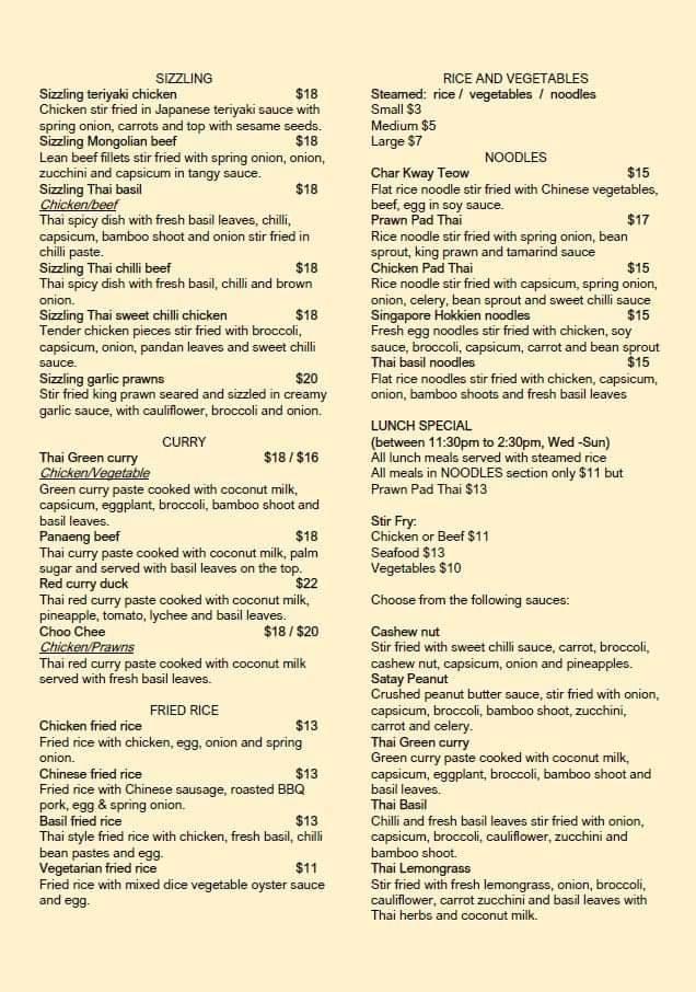Menu at Paya Thai Restaurant, Sturt