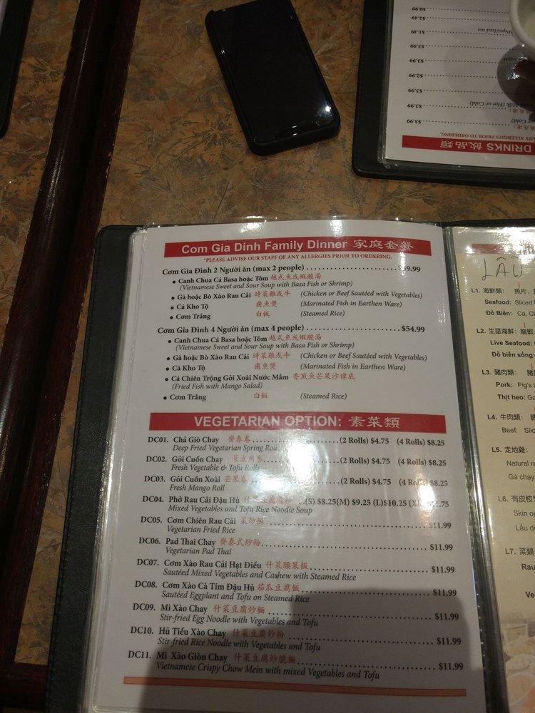 Menu at Pho Nhung restaurant, Hamilton