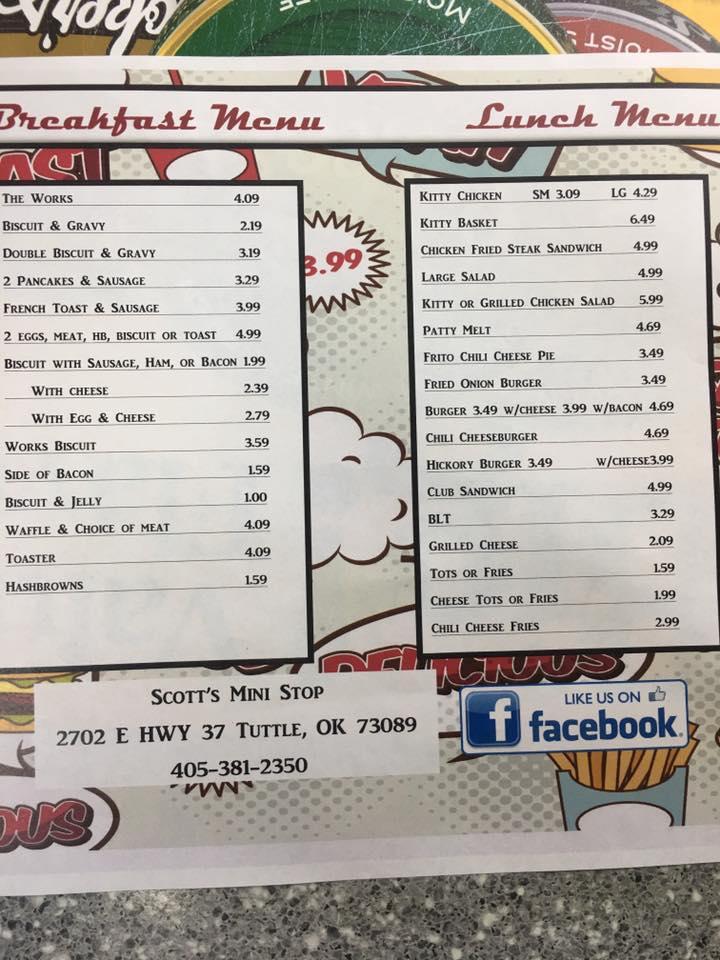 Menu at Scott's Mini Stop, Tuttle