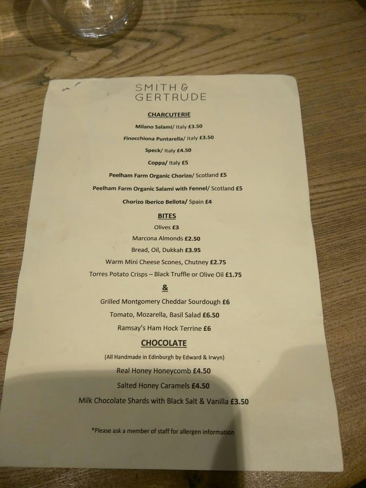Menu at Smith & Gertrude Stockbridge pub & bar, Edinburgh