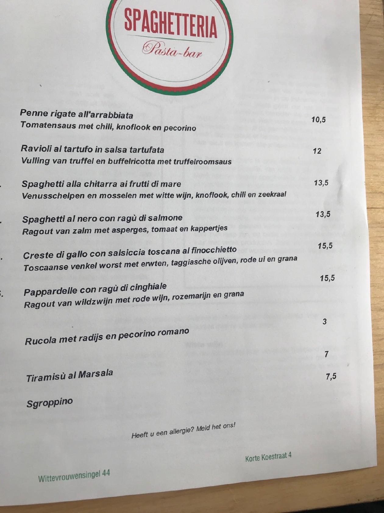 Menu at Spaghetteria Wittevrouwensingel, Utrecht, Wittevrouwensingel 44