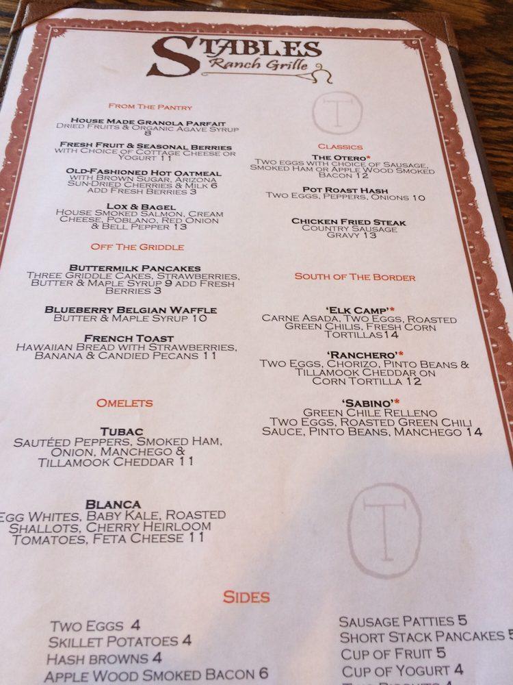 Menu at Stables Ranch Grille restaurant, Tubac, 65 Avenida de Otero