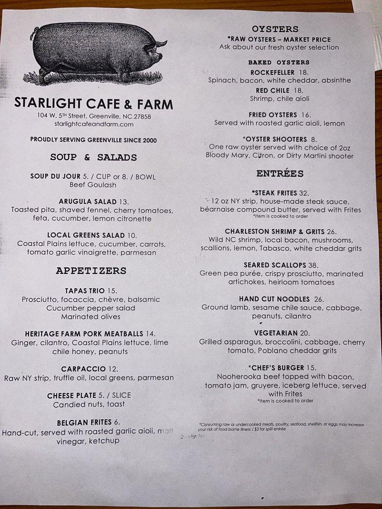 Menu at Starlight Cafe and Farm, Greenville