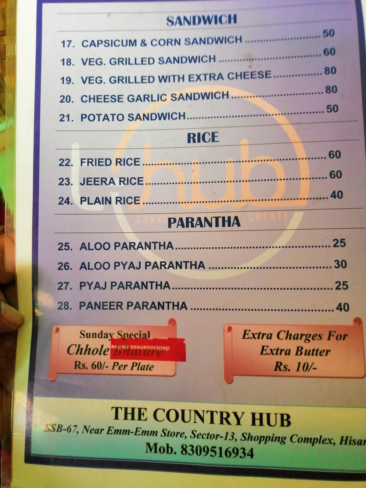Menu at THE COUNTRY HUB RESTAURANT, Hisar
