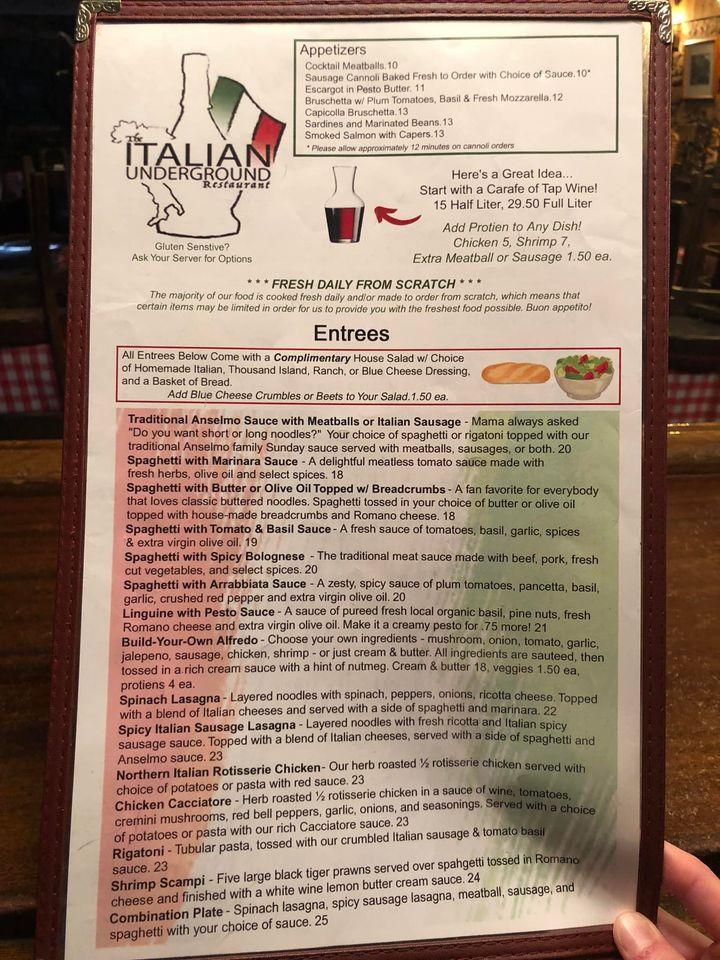 Menu at The Italian Underground Restaurant, Glenwood Springs