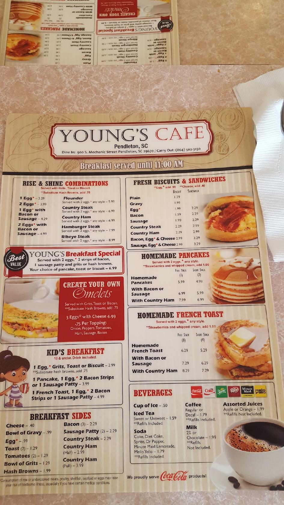 Menu at Young's Cafe, Pendleton