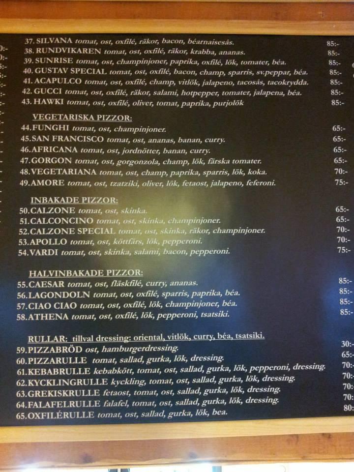Menu at City Kebab restaurant, Umeå