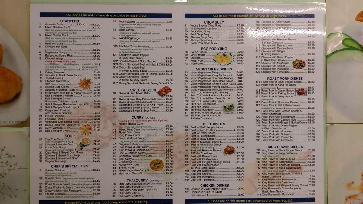 Menu at Lung Wah fast food, Birmingham