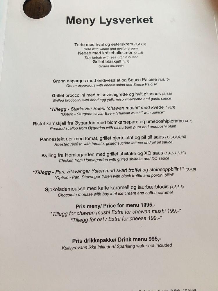 Menu at Lysverket restaurant, Bergen