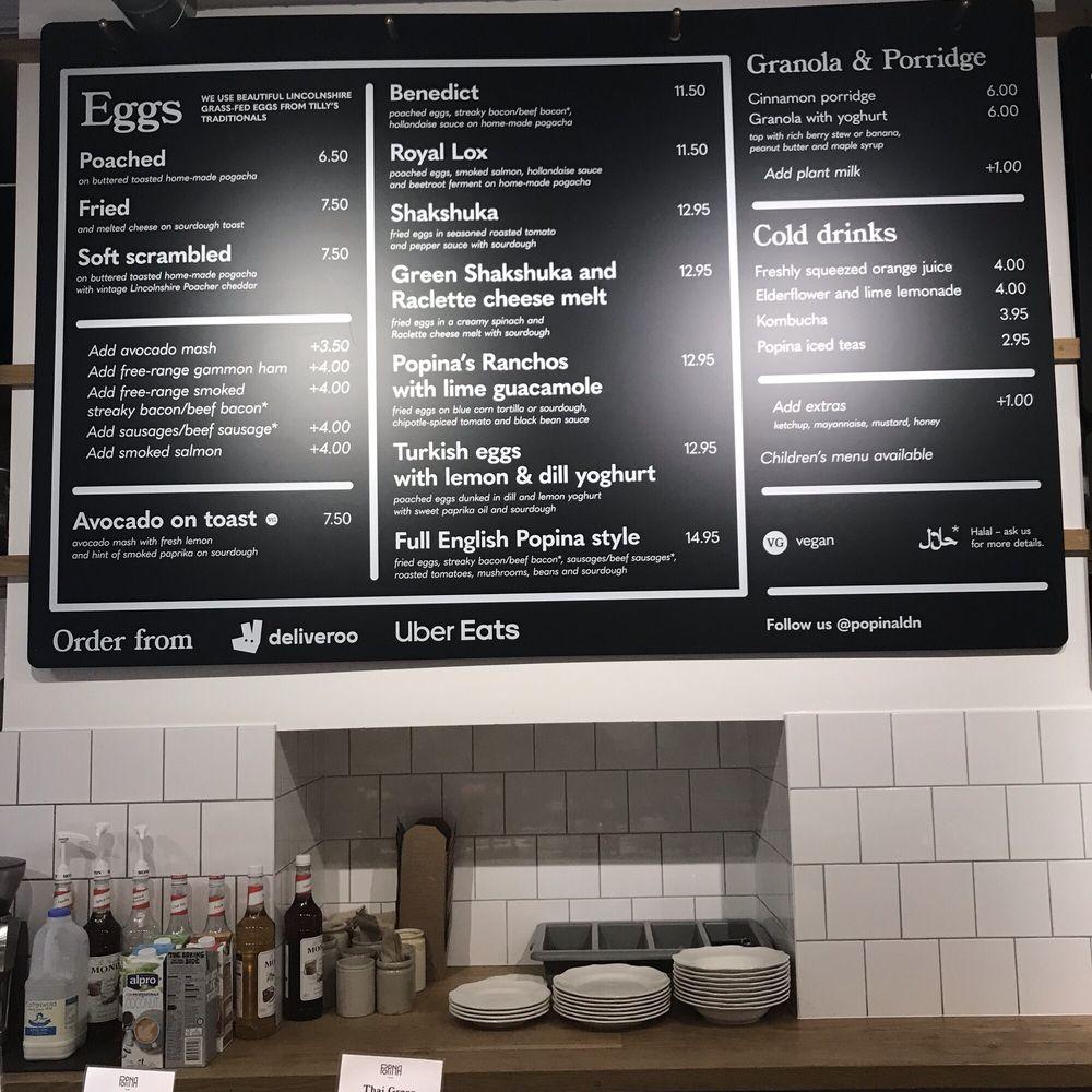 Menu at Popina cafe, London