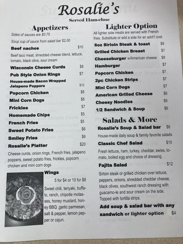 Menu at Rosalie's Restaurant, Bakery and Lounge, Sisseton