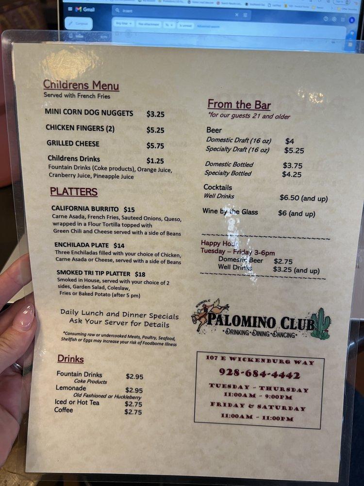 Menu at Palomino Club, Wickenburg