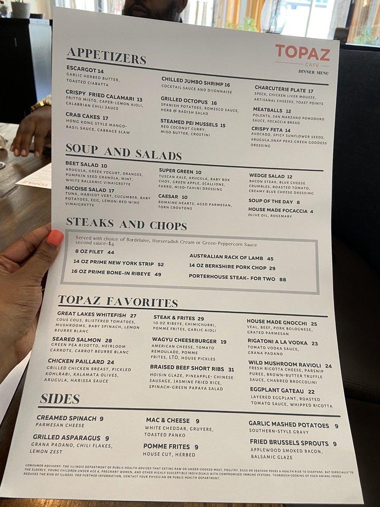 Menu at Topaz Café restaurant, Burr Ridge