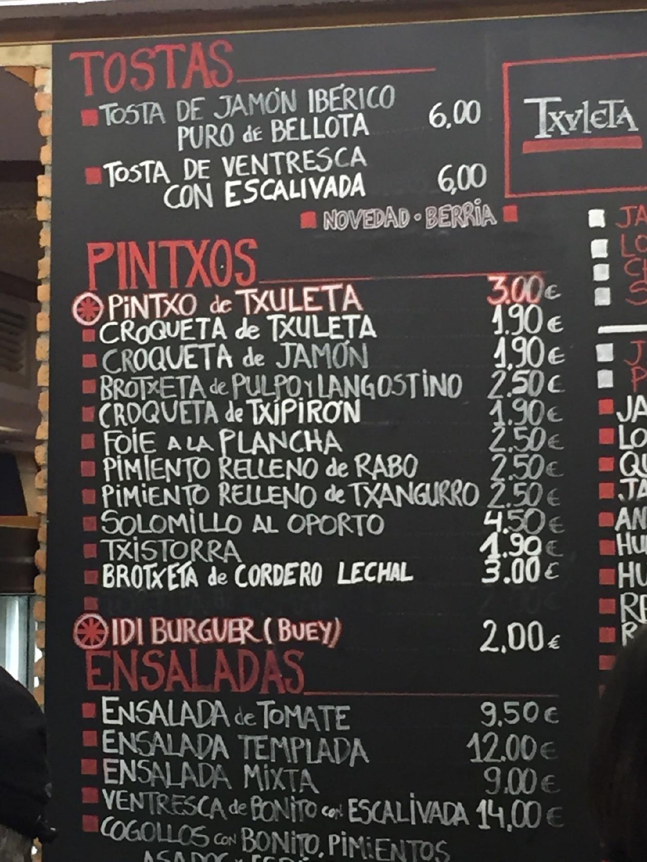 Menu at Txuleta steakhouse, San Sebastián