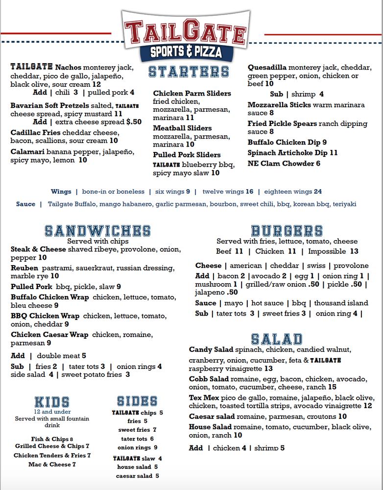Menu at Tailgate Kitchen & Bar, Bar Harbor
