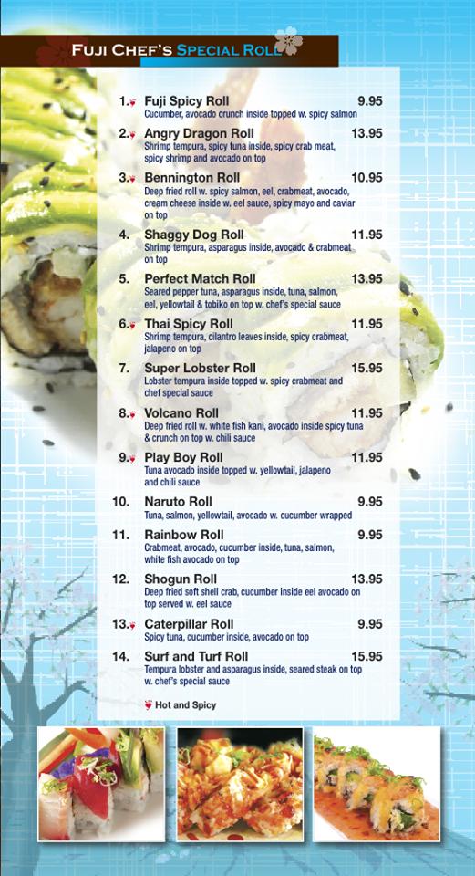 Menu at Fuji restaurant, Bennington