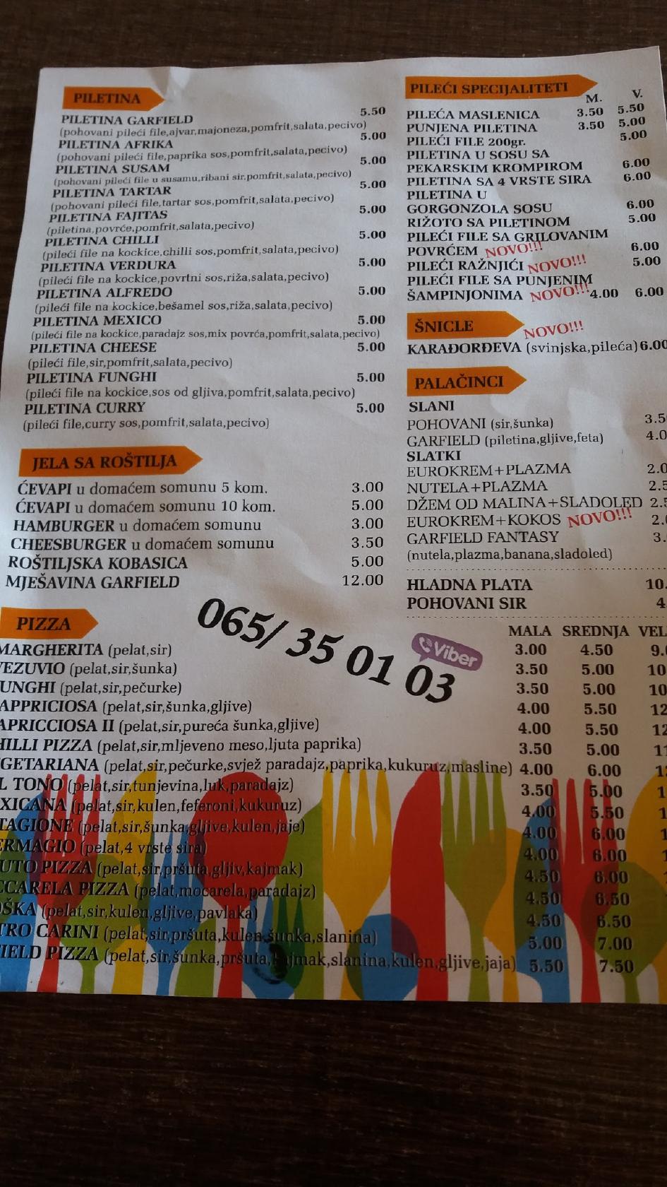 Menu at Garfield restaurant, Lukavica