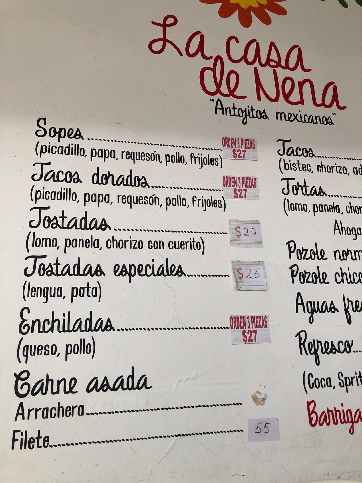 Menu at La Casa de Nena Antojitos Mexicanos restaurant, Tequila