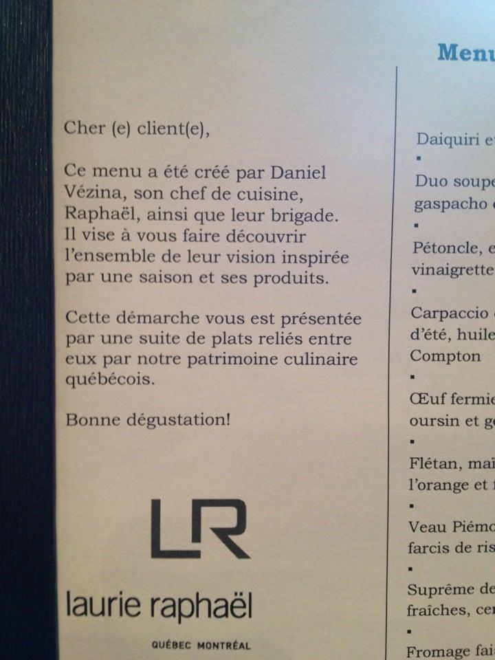 Menu at Laurie Raphaël, Quebec City restaurant, Québec City, 117 Rue ...