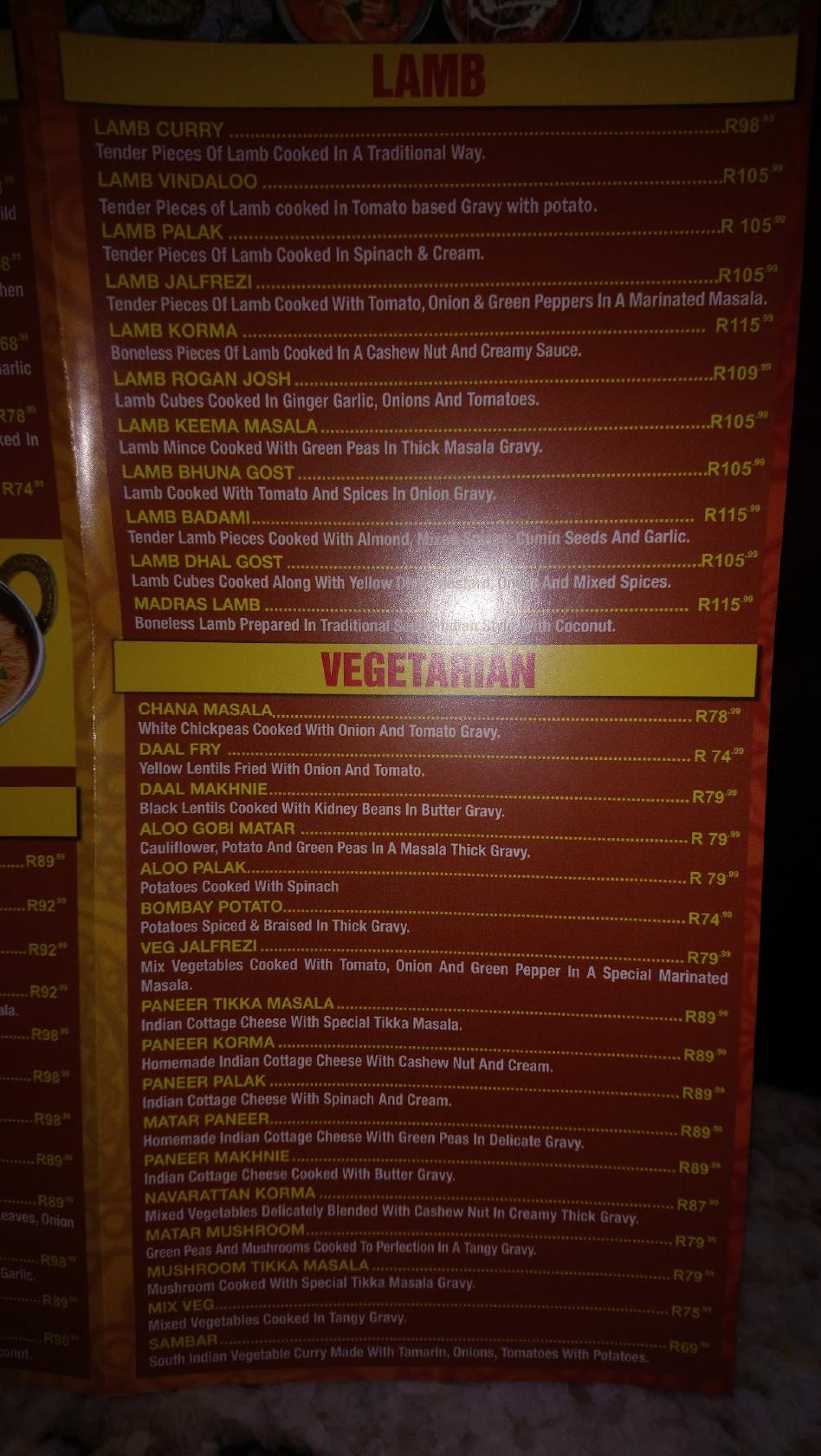 Menu at Masala Indian Restaurant Benoni, Benoni