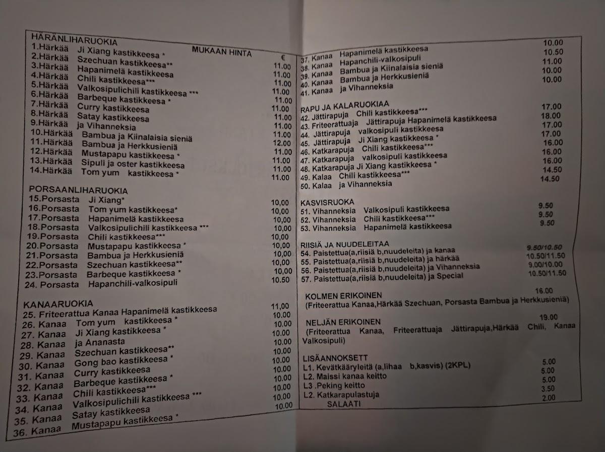 Menu at Rui Xiang restaurant, Äänekoski