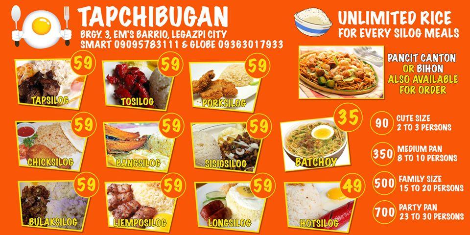 Menu at TapChibugan restaurant, Legazpi City