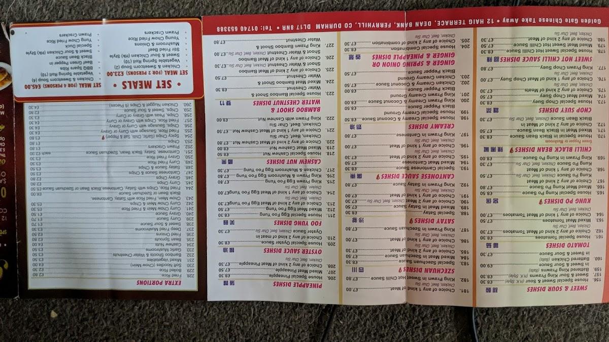 Menu at The Golden Gate fast food, Ferryhill