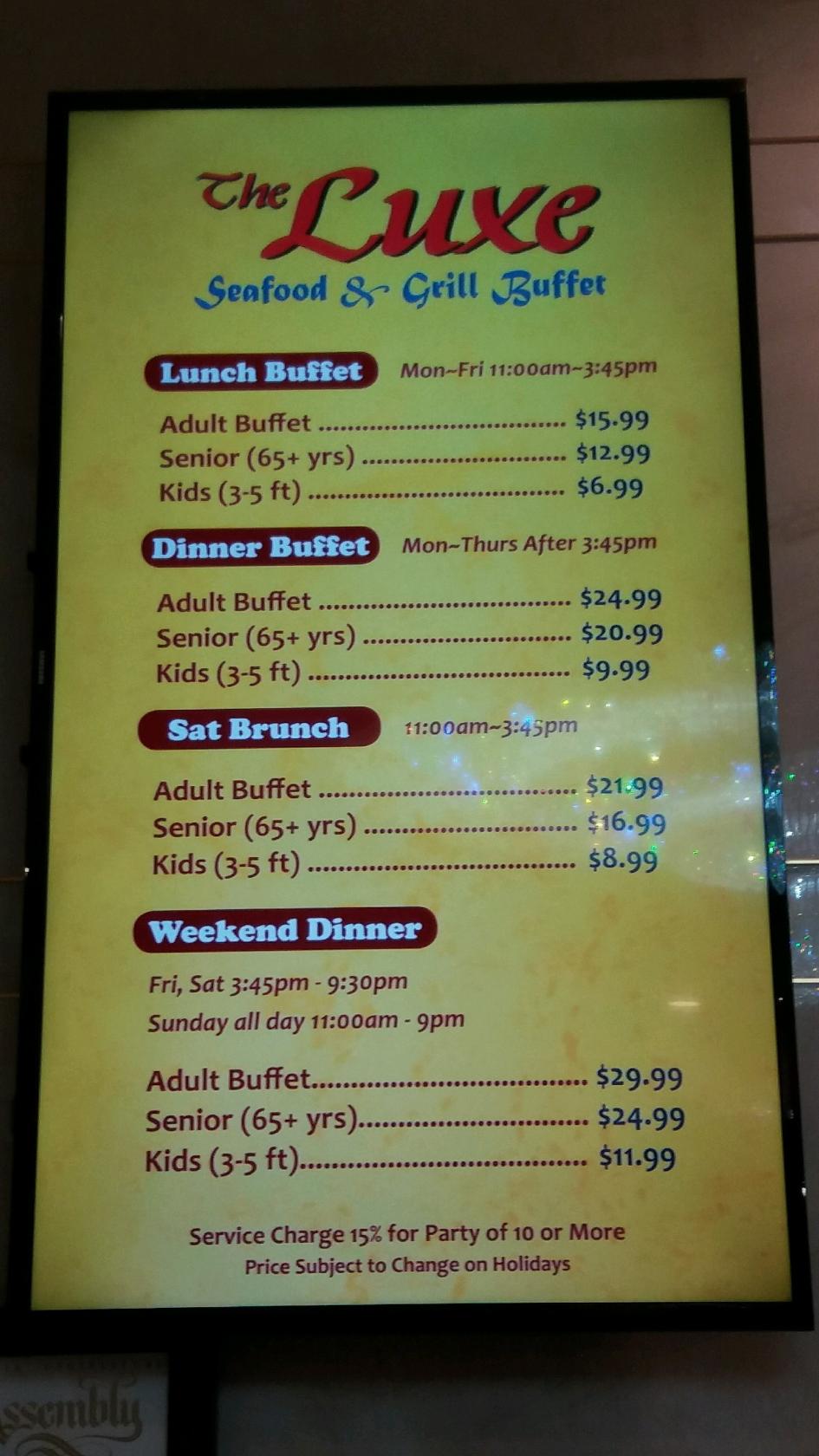 Menu at The Luxe Buffet restaurant, Westminster, Westminster Mall