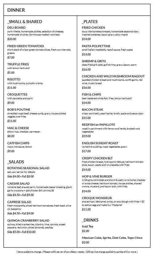 Menu at Hop & Vine restaurant, San Antonio
