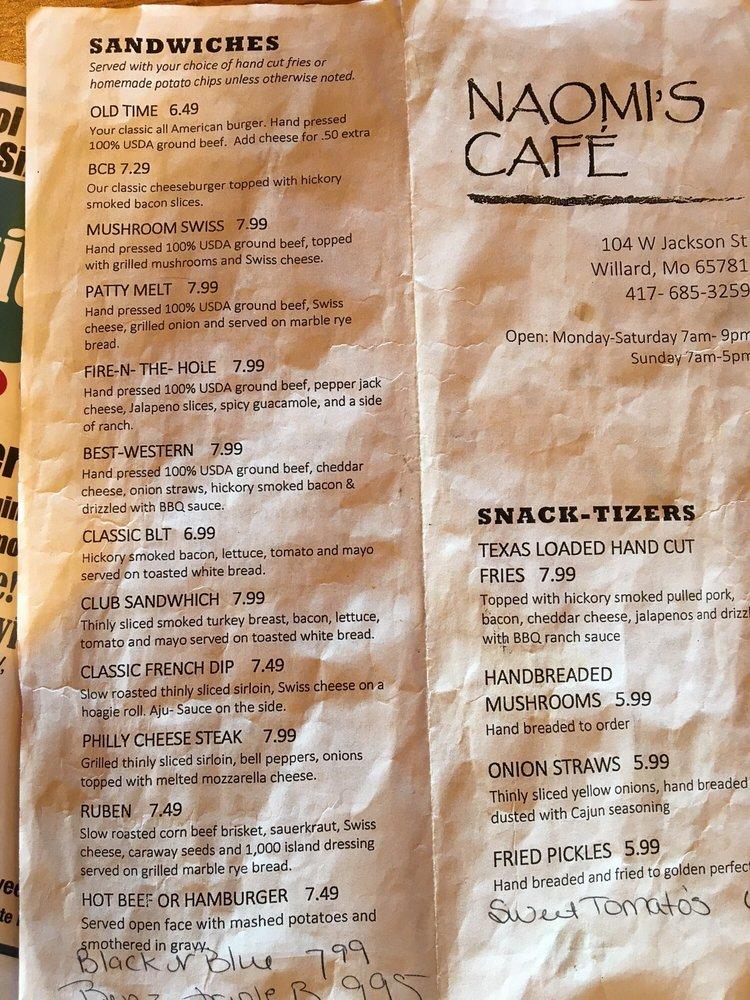 Menu at Naomi's Cafe, Willard
