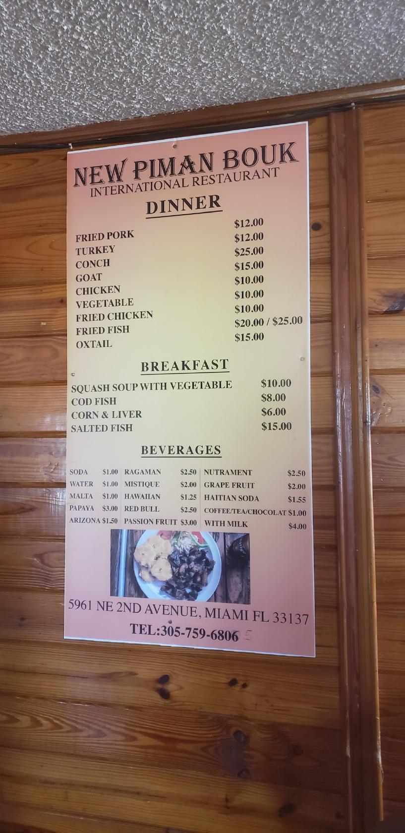 Menu at Piman Bouk Haitian Restaurant, Miami