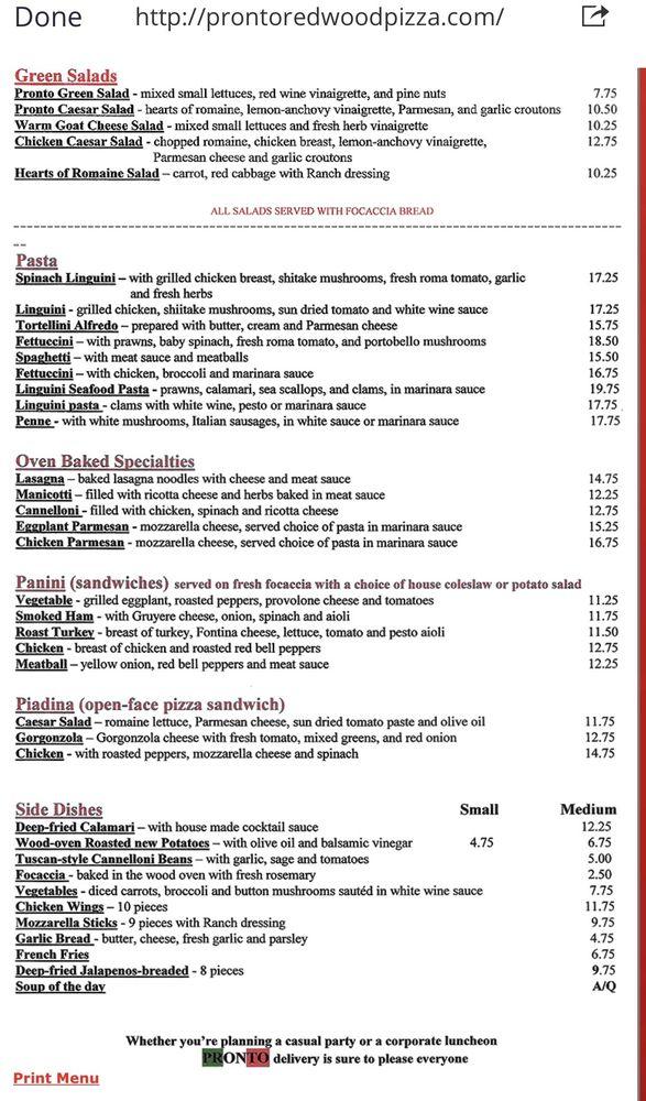 Menu at Pronto Pizza pizzeria, Redwood City