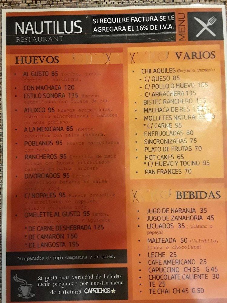 Menu at Nautilus Restaurant, Guerrero Negro