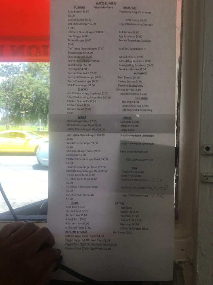 Menu at Watts Burgers fast food, Los Angeles