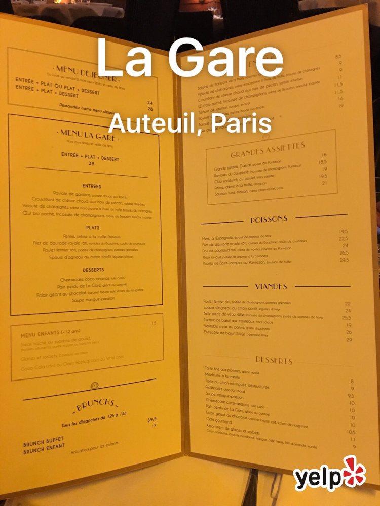 Carta del restaurante La Gare, Paris