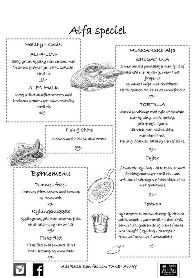 Menu at Café Alfa cafe, Holstebro