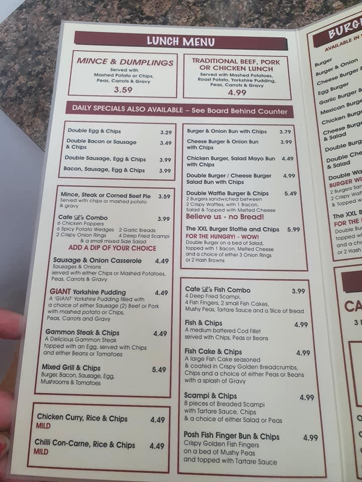 Menu at Cafe L, Hebburn