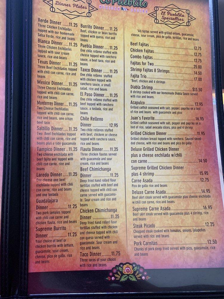 Menu at El Pueblito Mexican Cocina restaurant, Plano