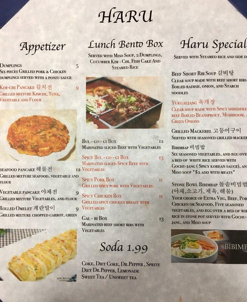 Menu at Haru Korean restaurant, Madison