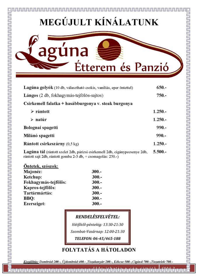 Menu at Kék Lagúna restaurant, Dombrád