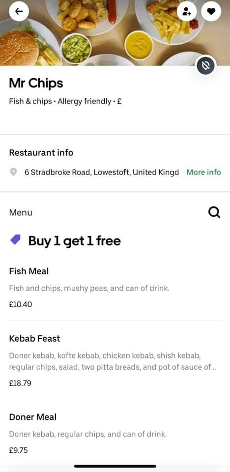 Menu at Mr Chips fast food, Lowestoft