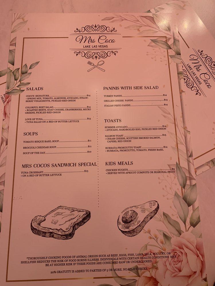 Menu at Mrs Coco cafe, Henderson