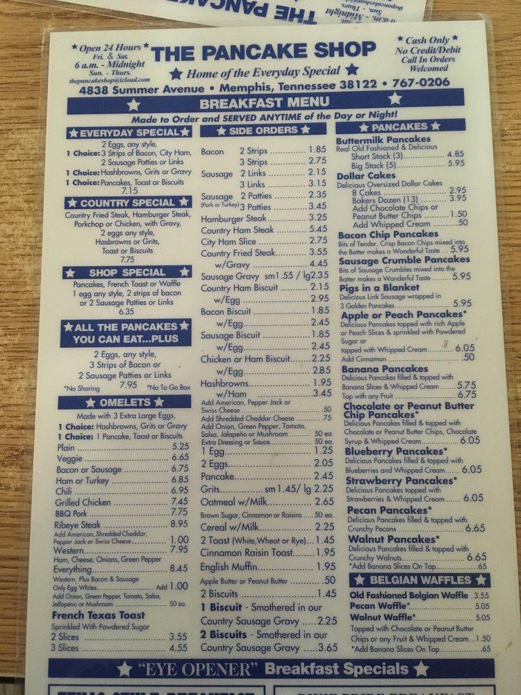 Menu at Pancake Shop restaurant, Memphis