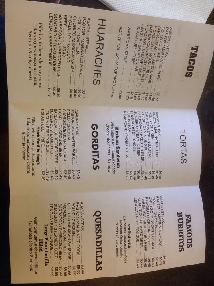Menu at Ricky's Taqueria restaurant, Elkhart